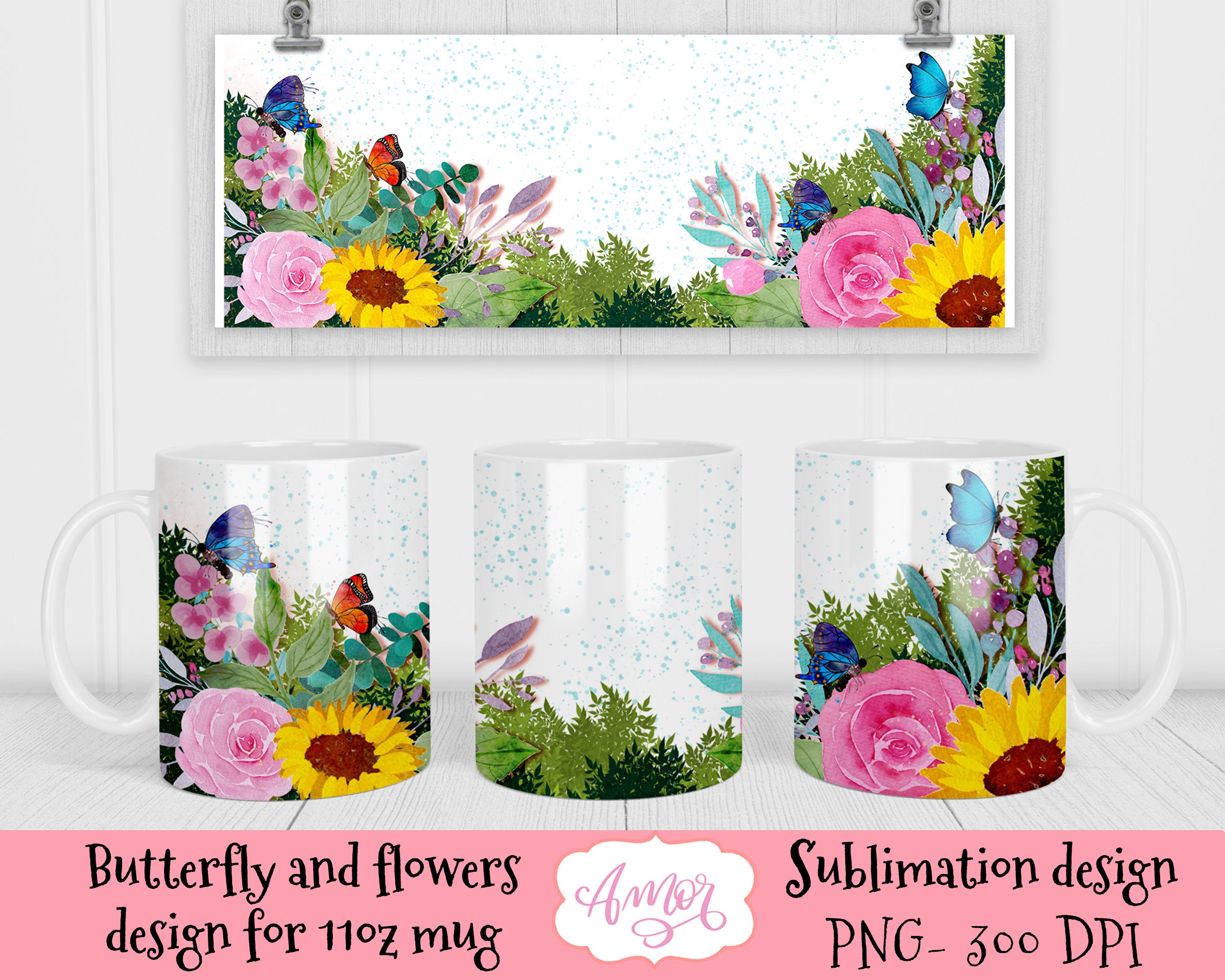 Flowers and Butterflies Mug Design for Sublimation - Etsy
