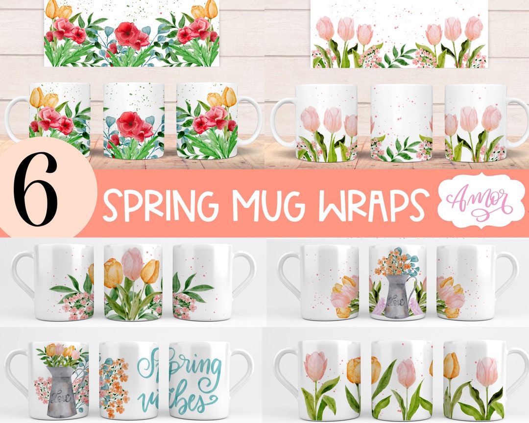 BUNDLE Watercolor Floral Mug Wraps PNG for Sublimation, Customizable ...