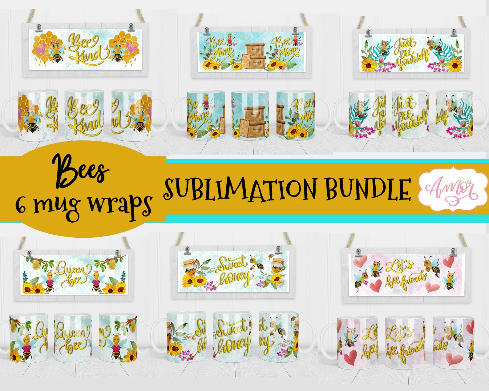 Bee Mug Sublimation Designs BUNDLE Bees Mug Wrap Coffee Mug - Etsy