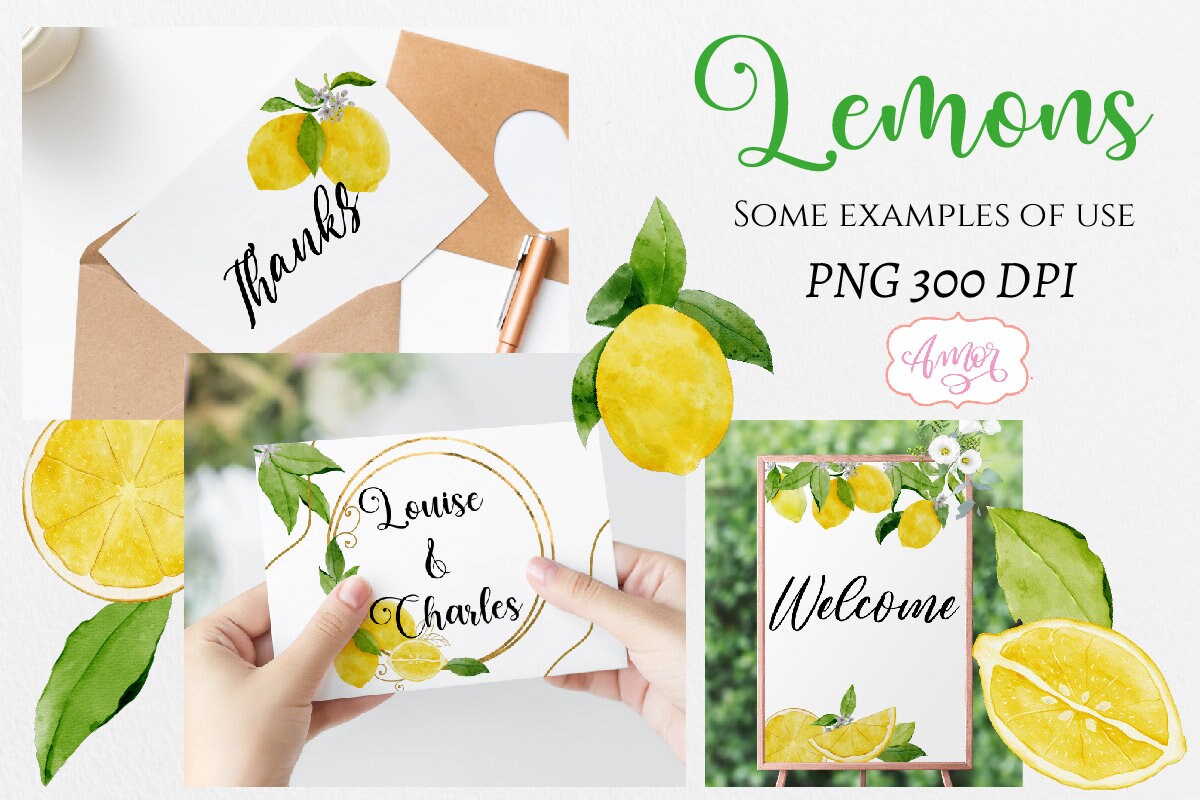 Watercolor Lemon Clipart PNG Citrus Clipart Lemon Frames - Etsy