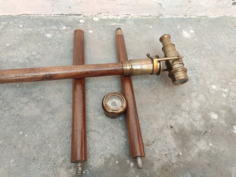 Wooden Walking Stick Cane, Brass Telescope Compass Handle on Top ...