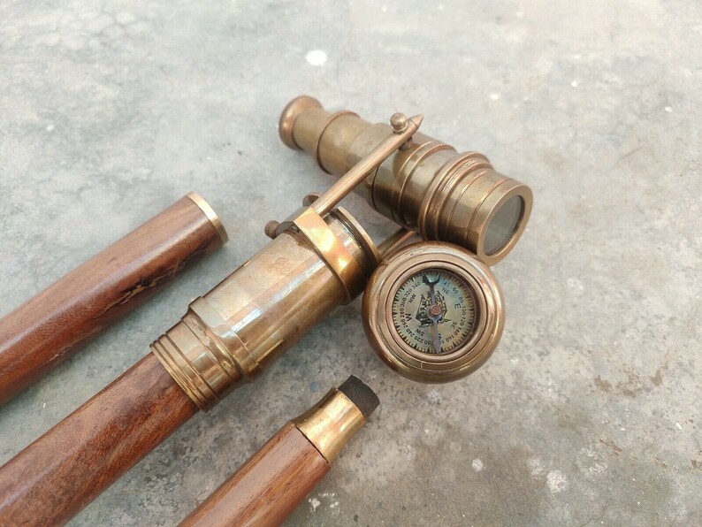 Wooden Walking Stick Cane, Brass Telescope Compass Handle on Top ...