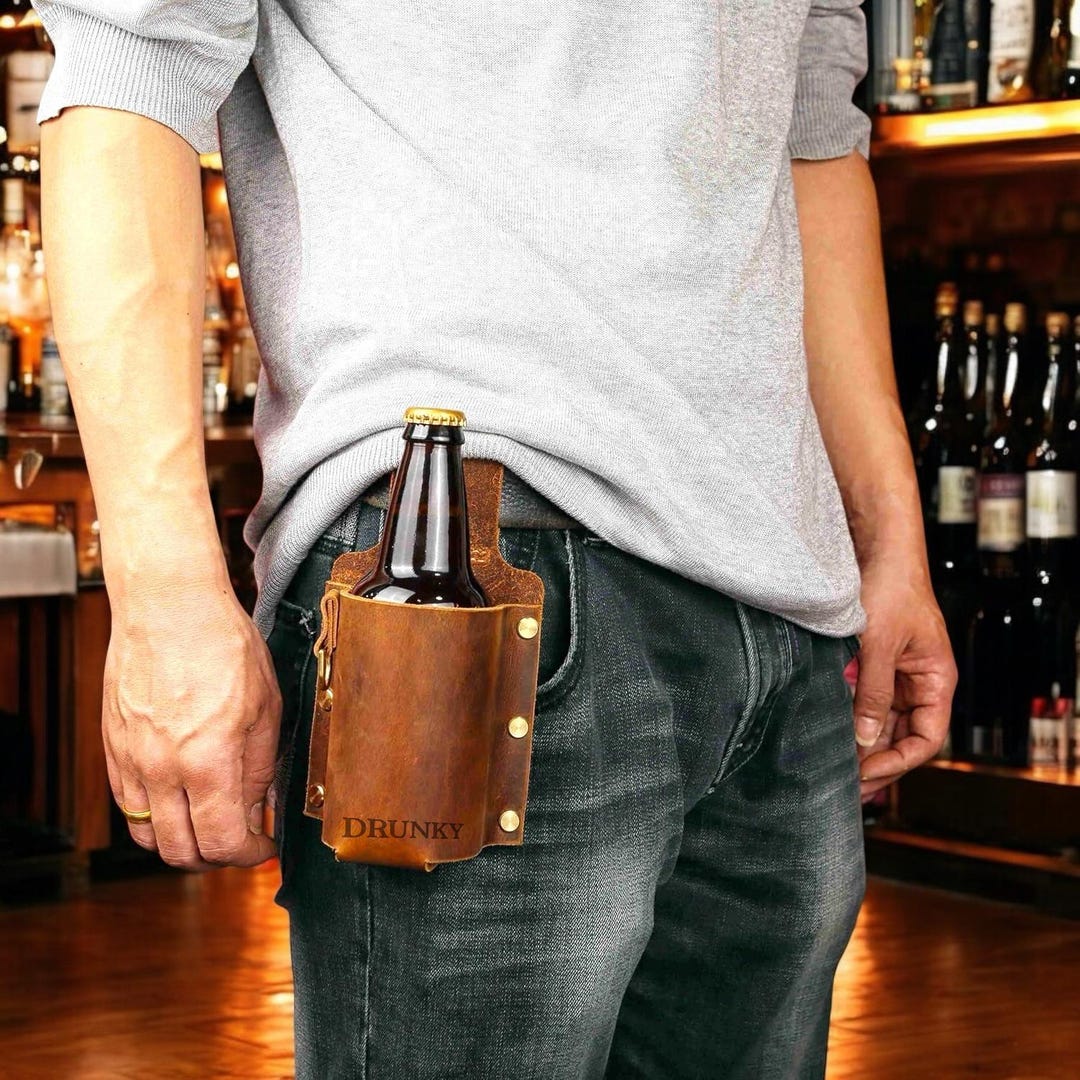 Personalized Leather Beer Holster for Men, Distressed Leather Cowboy ...
