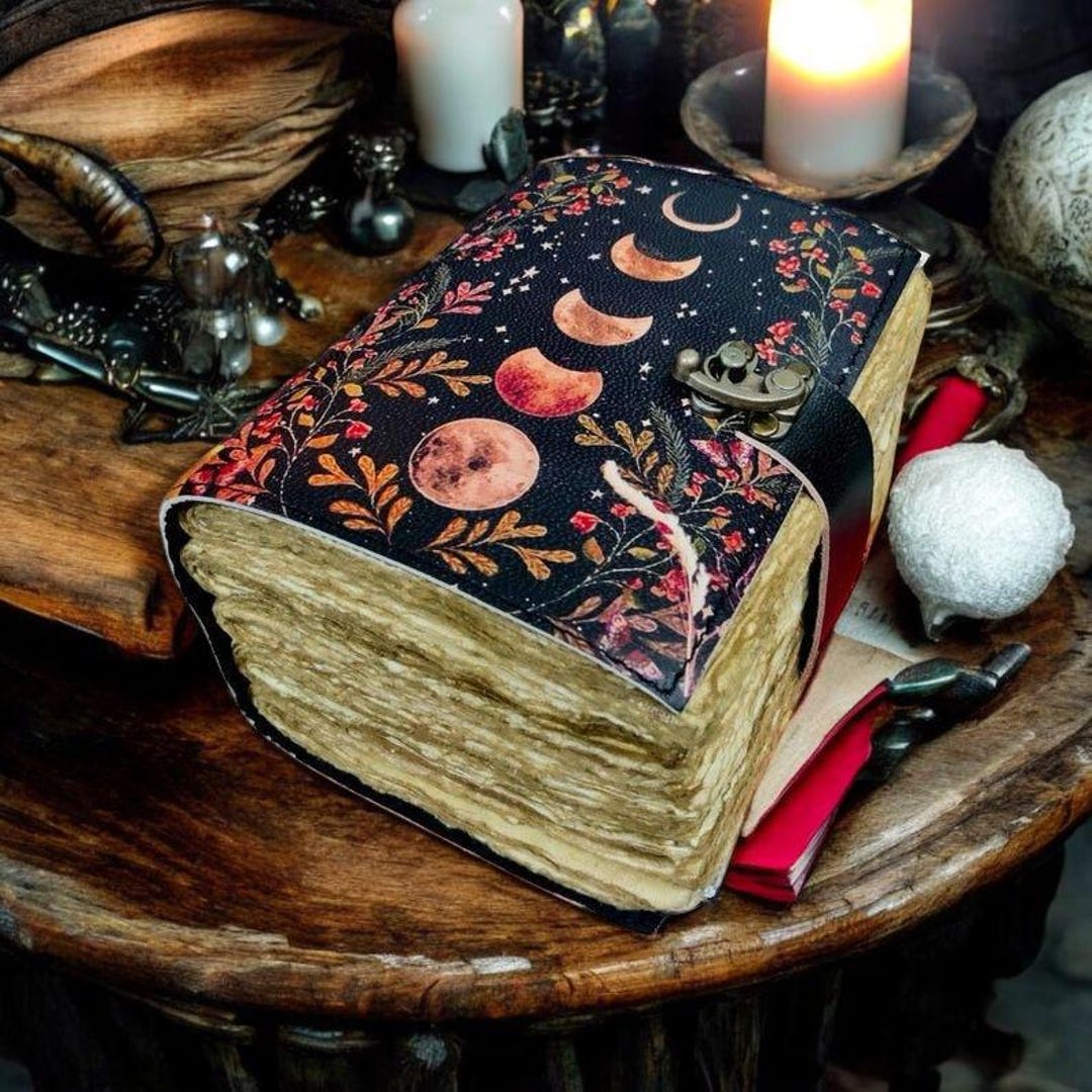 400 Page Large Grimoire Vintage Leather Journal, Moon Phase Fat Journal ...