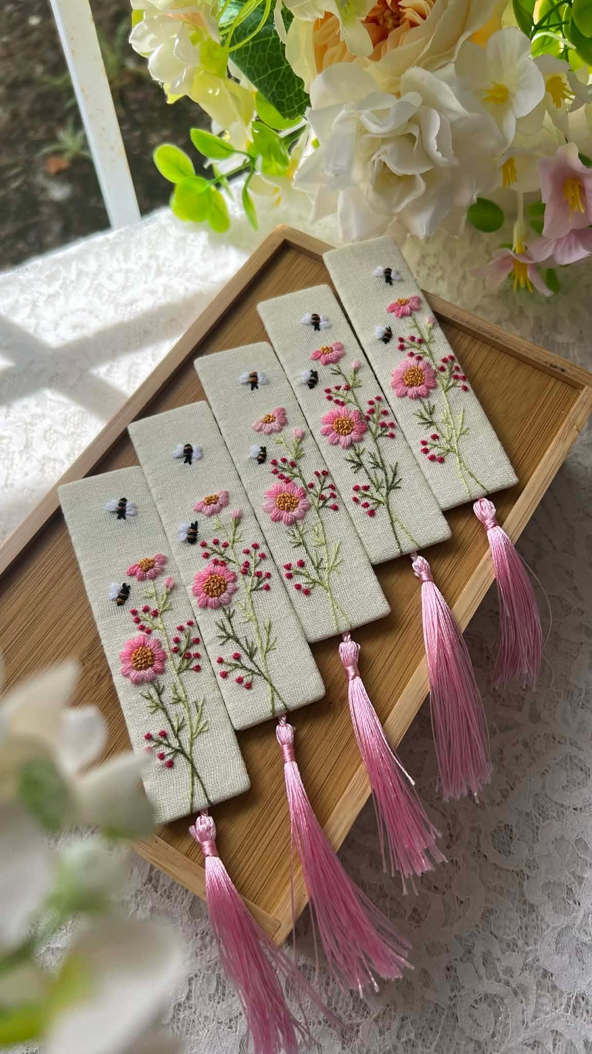 Handmade Embroidered Floral Bookmark With Tassel, Bee Flower Linen ...
