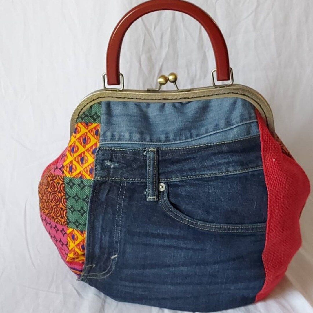 Recycled Jeans Handbag, Wax Scraps and Red Jute, Vintage Style, Wooden ...