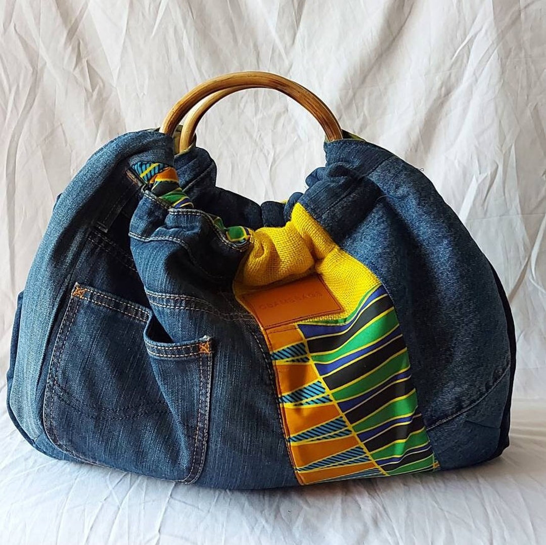 Purse Bag in Recycled Jeans, Scrap of Wax, Wooden Handles - Etsy