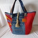 Sac cabas en jeans recyclés, chute wax et jute rouge, anses cuir-jeans ...