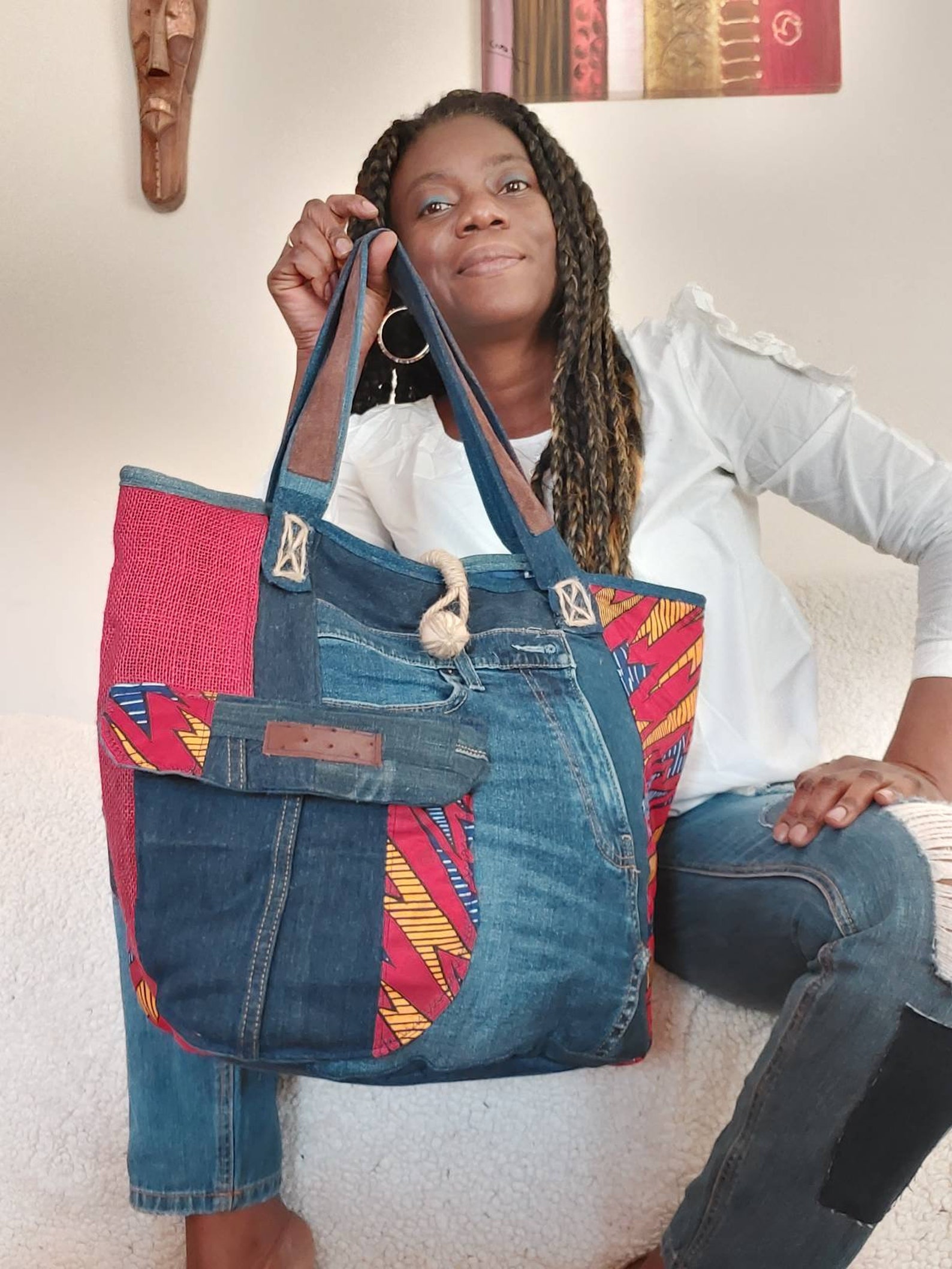 Sac cabas en jeans recyclés, chute wax et jute rouge, anses cuir-jeans ...