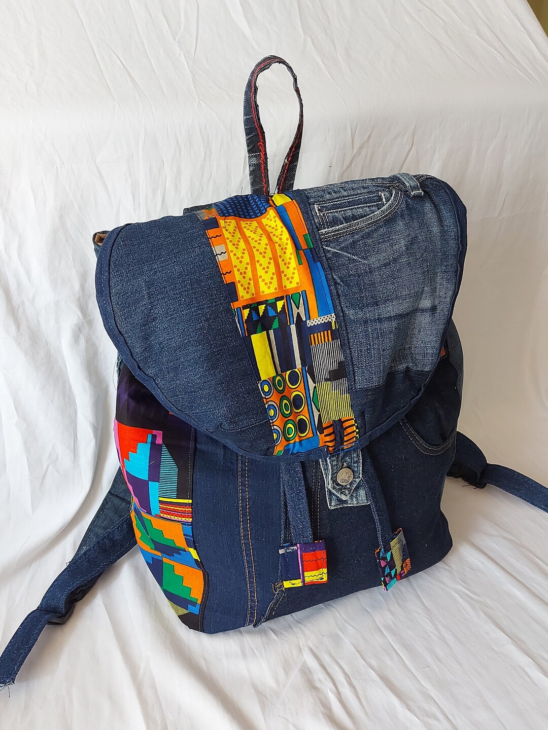 Handmade Recycled Denim Backpack, Printed Kinté Fabric, Unique and ...