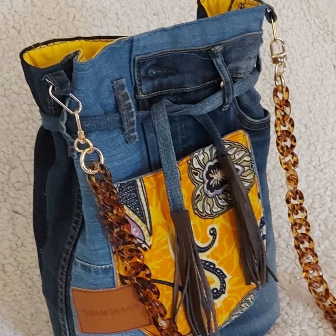 Recycled Jeans Bucket Bag With Orange Wax Pocket, Resin Chain Strap ...