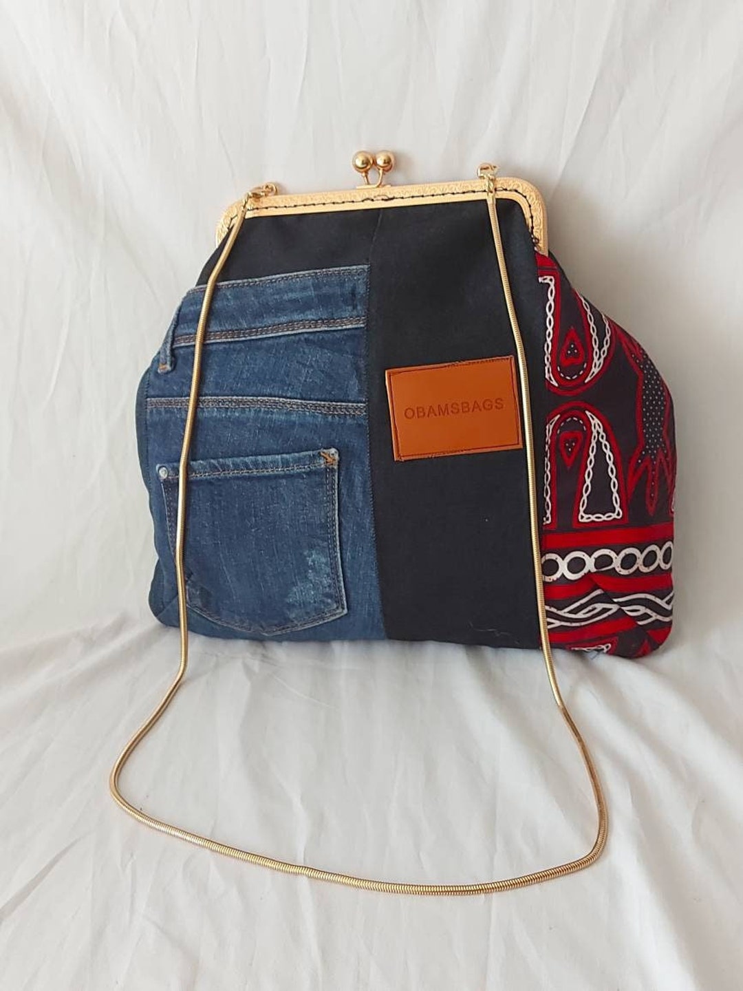 Recycled Denim Bag, Colorful African Canvas, Gold Purse Frame and Chain ...
