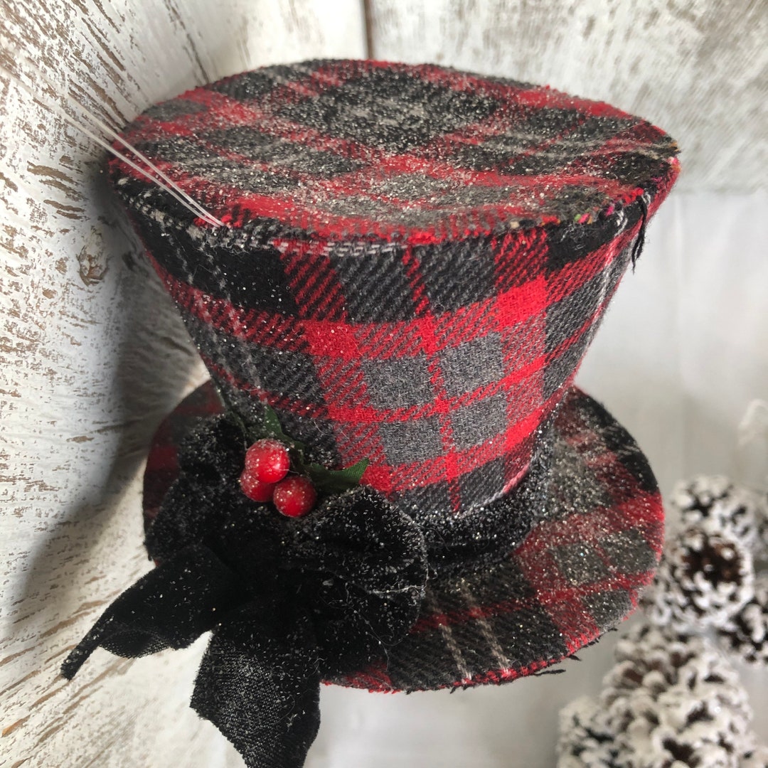 4.25” Plaid Fabric Snowman Top Hat Hanging Ornament - for Christmas ...