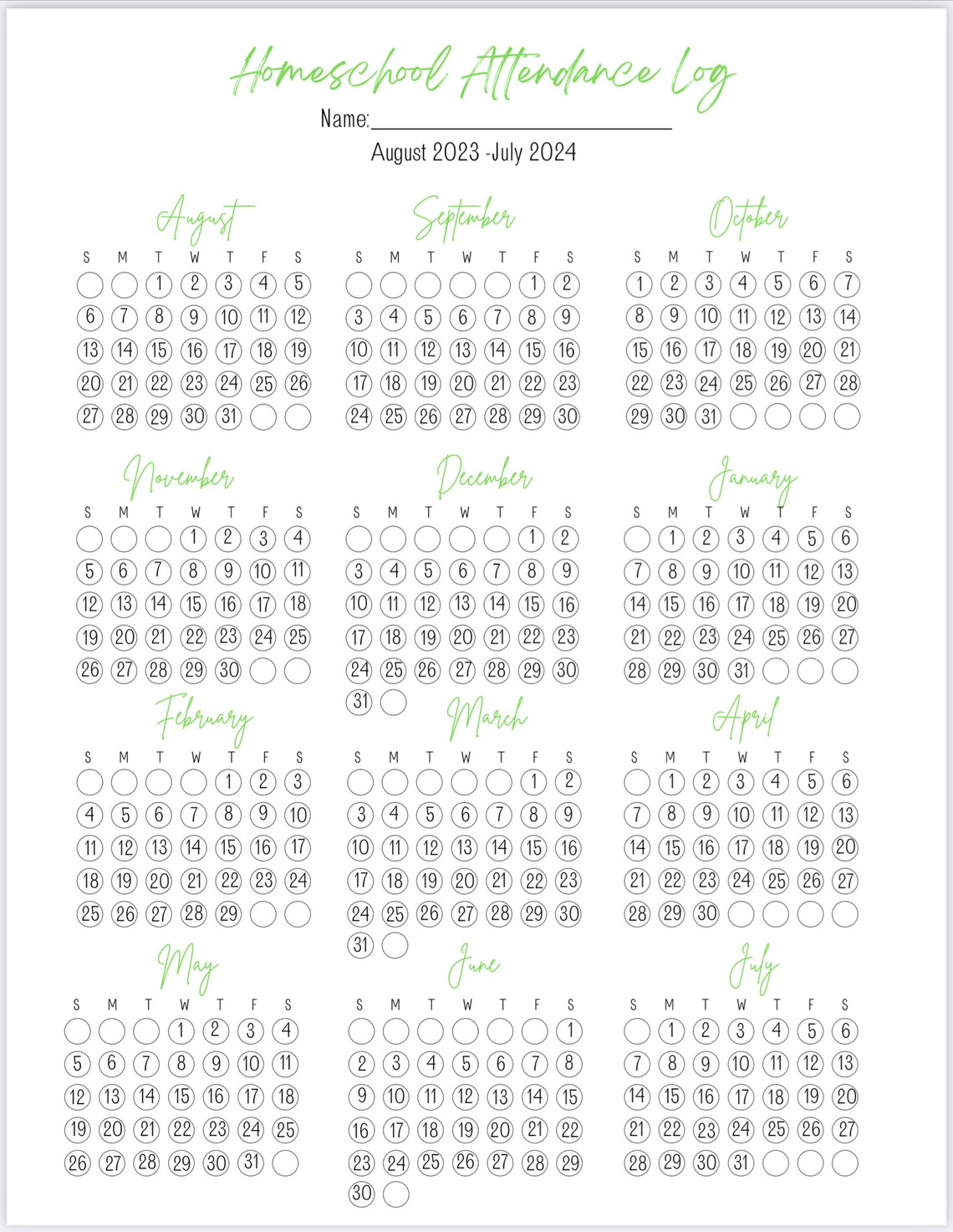 Homeschool Attendance Sheet AUGUST 2023 JULY 2024 Print It or iPad Digital Use, ATTENDANCE Sheet ...