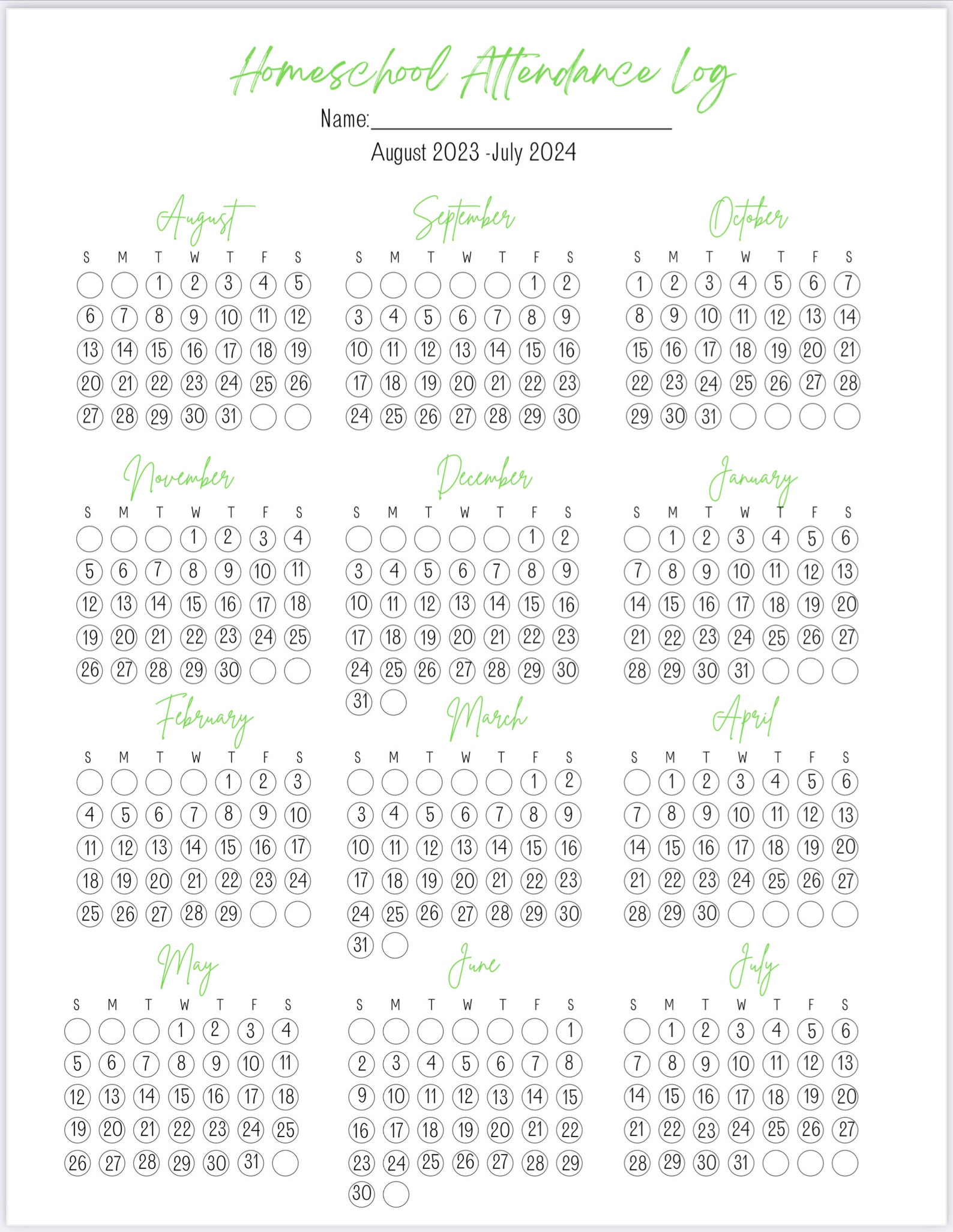 Homeschool Attendance Sheet AUGUST 2023 JULY 2024 Print It or iPad ...