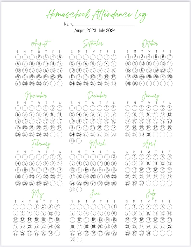 Homeschool Attendance Sheet AUGUST 2023 JULY 2024 Print It or iPad ...