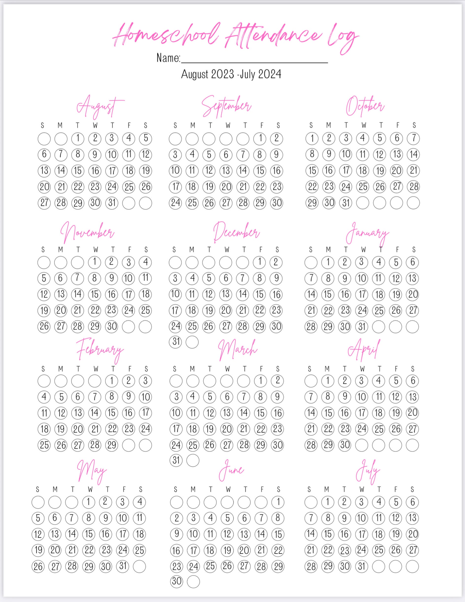 Homeschool Attendance Sheet AUGUST 2023 JULY 2024 Print It or iPad ...