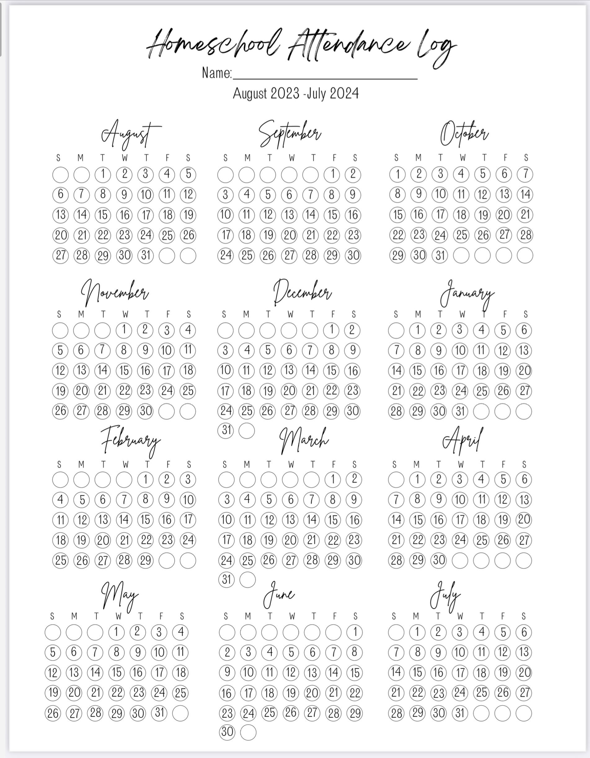 Homeschool Attendance Sheet AUGUST 2023 JULY 2024 Print It or iPad ...