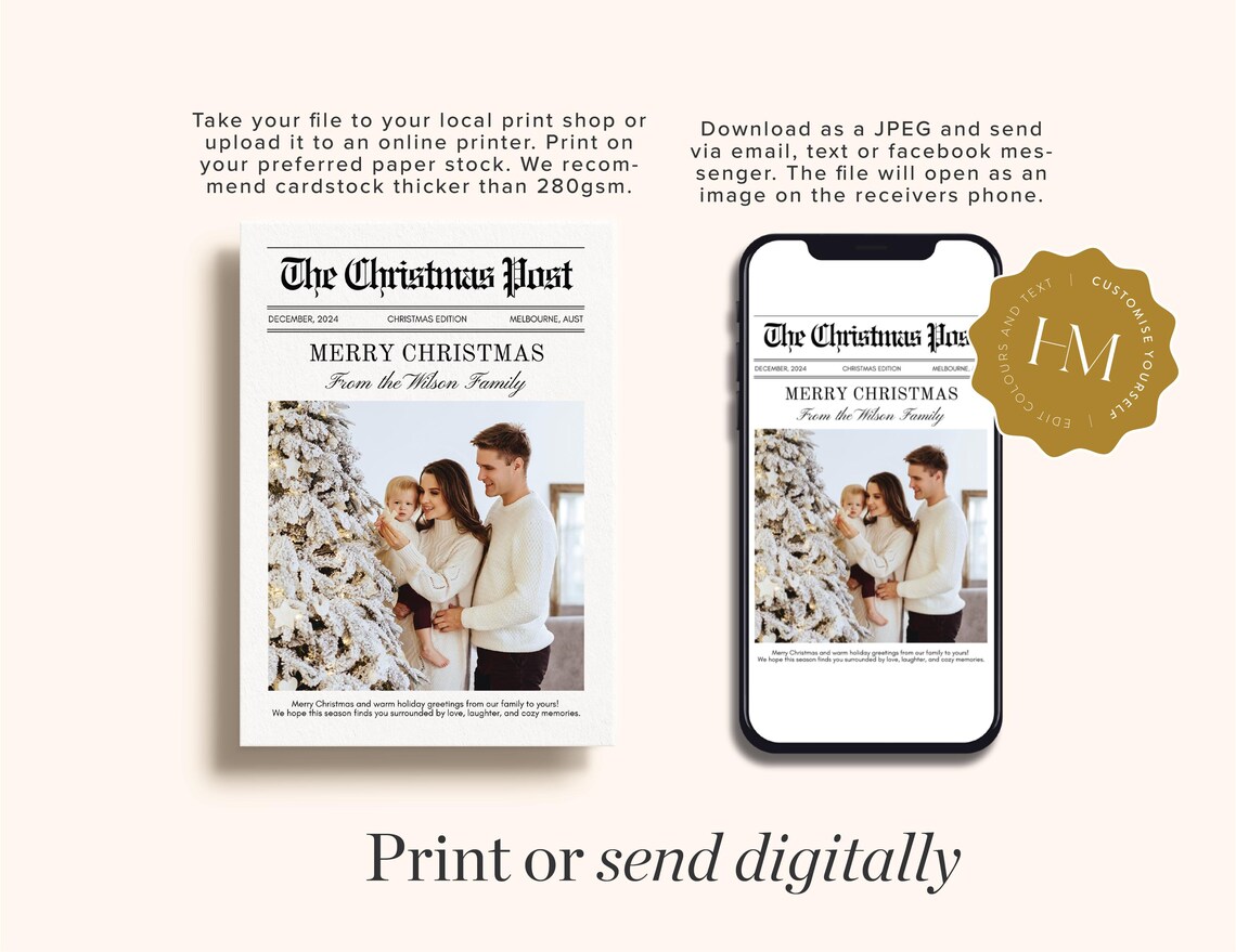 Editable Christmas Card Template, Holiday Card Template, Personalised ...