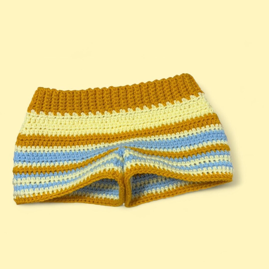 Handmade Gold, Light Yellow, and Baby Blue Micro Crochet Shorts Low ...