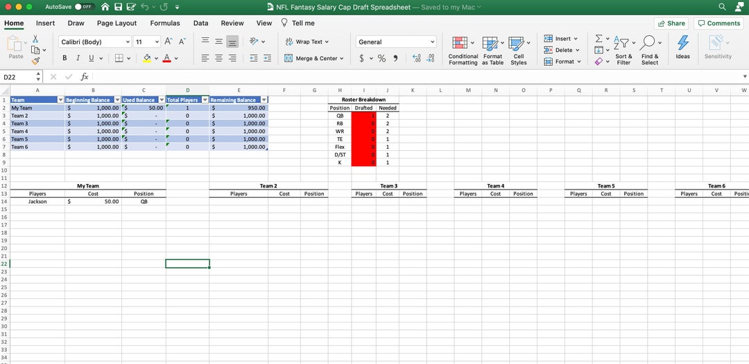 NFL Fantasy Salary Cap Draft Template - Etsy
