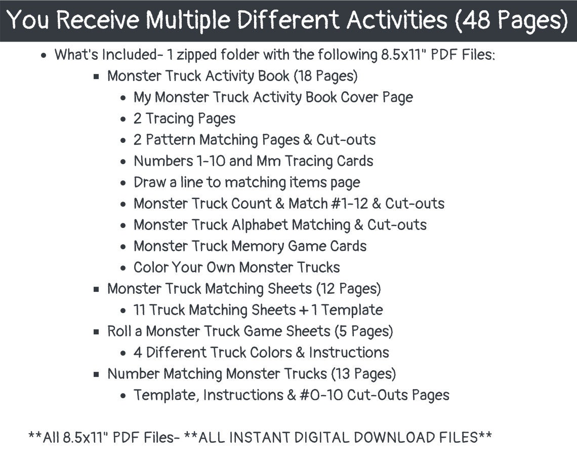 Monster Truck Activity Book: Preschool Learning Games (digital Download ...