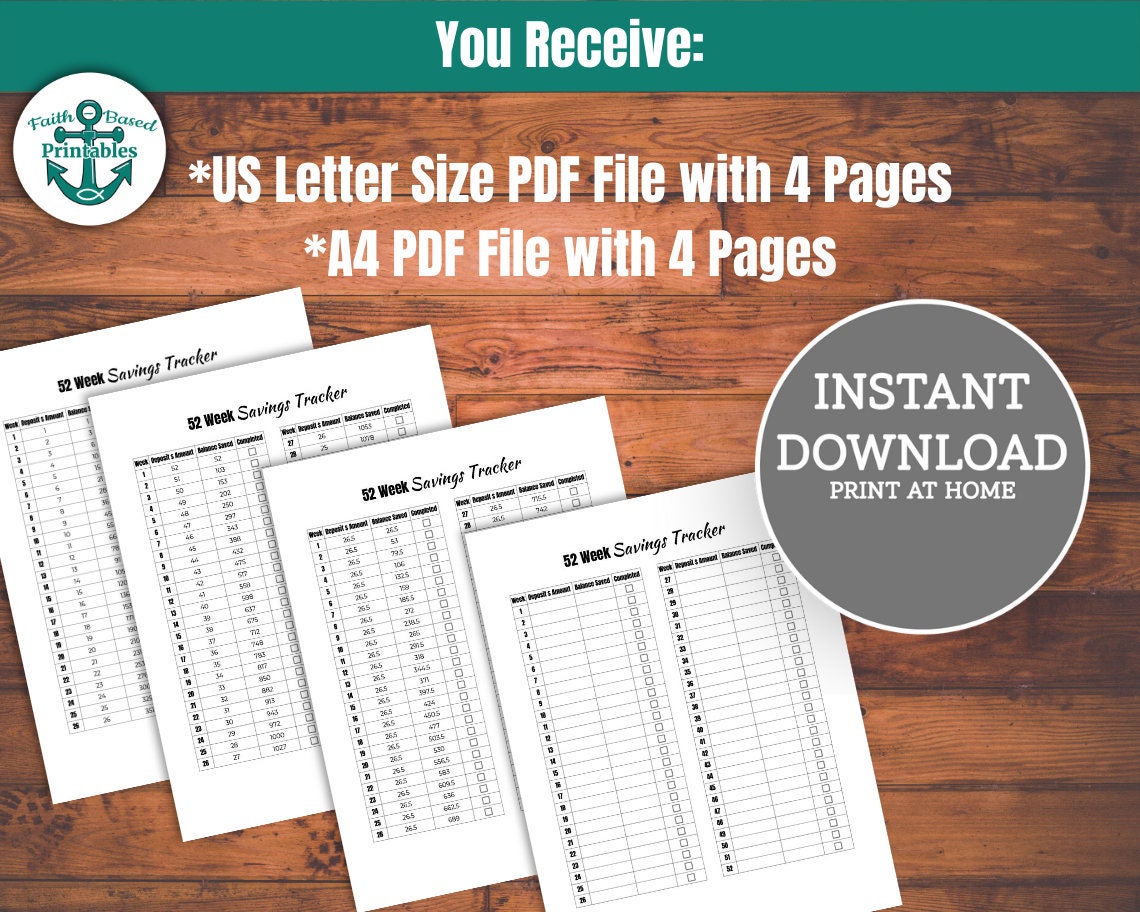 52 Week Challenge Printable 52 Week Savings Tracker Printable - Etsy