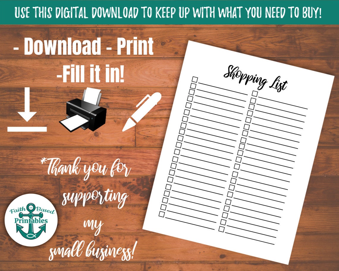 Shopping List Printable PDF Simple Shopping List Grocery - Etsy
