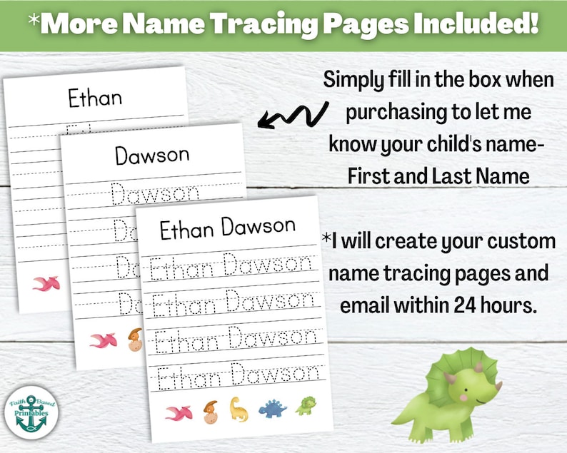 Custom Name Tracing Bundle Handwriting Practice Sheet Sheets Dinosaur ...
