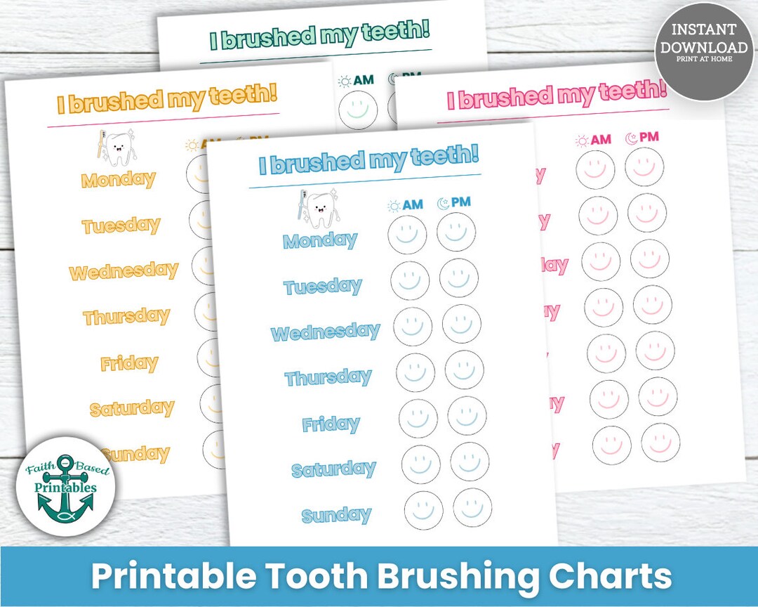 Printable Tooth Brushing Chart Bundle Set of 4 Colorful Motivational ...