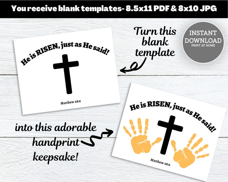 He is Risen Easter Handprint Craft Matthew 28:6 Art Cross Christian ...