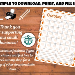 Printable October Calendar Orange Pumpkin Seamless Pattern Cute Design ...
