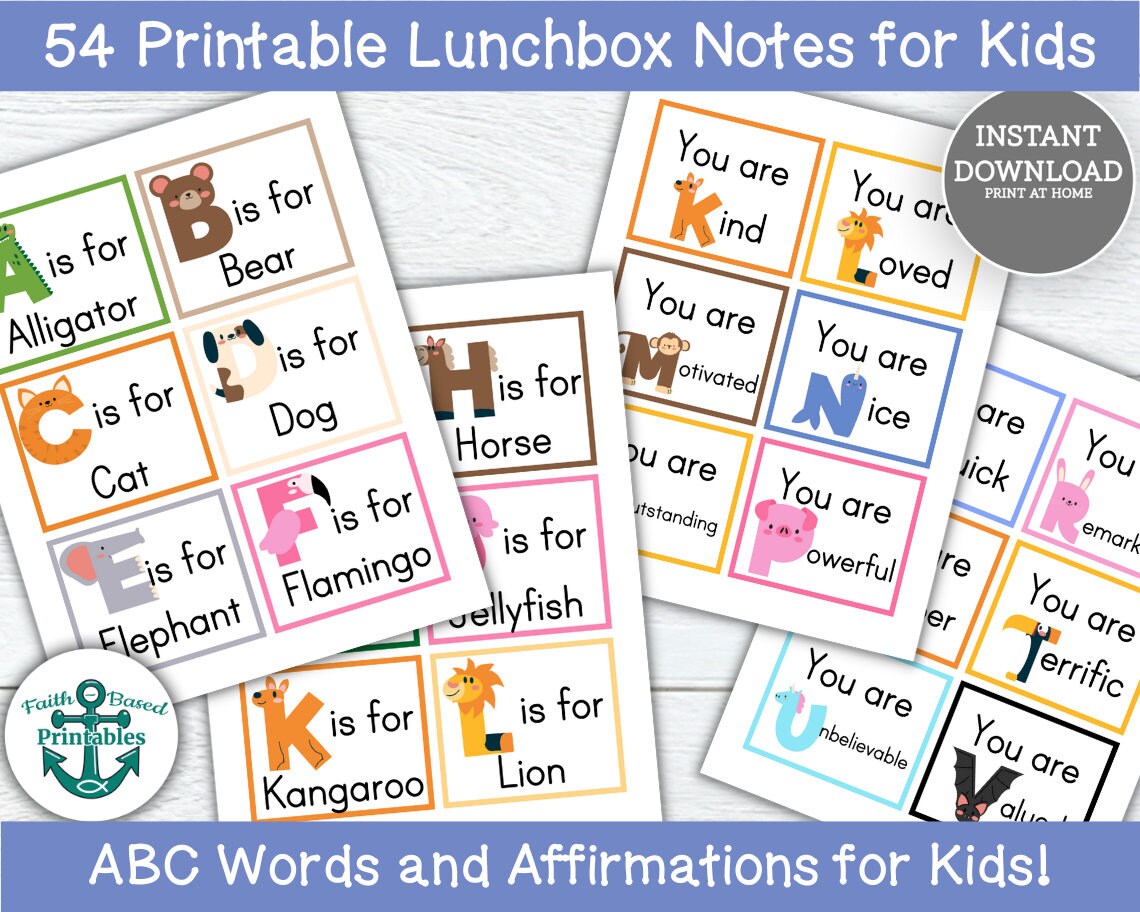 Lunch Box Notes for Kids Printable Lunchbox Note ABC Animal - Etsy