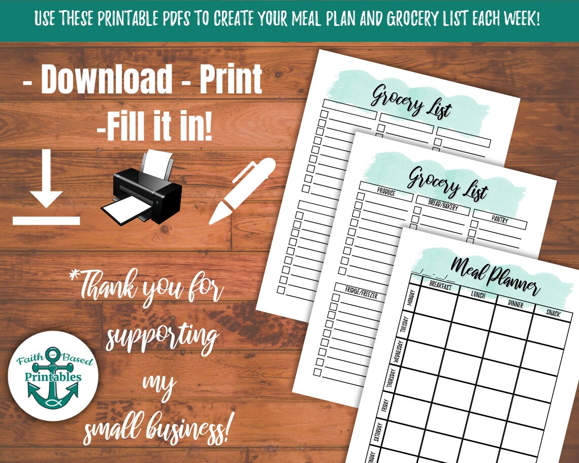 Meal Planner Printable Grocery List Printable PDF Weekly Meal | Etsy