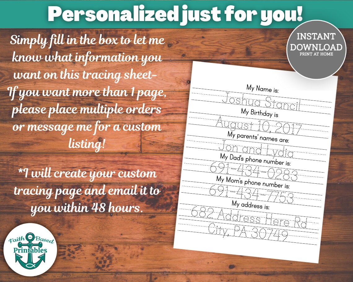 Customized Tracing Sheet Handwriting Practice Personalized Name Address ...