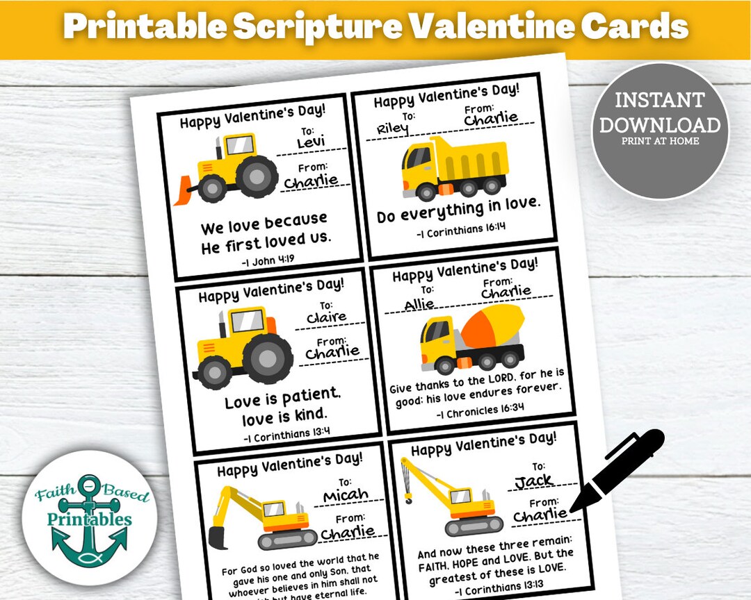 Christian Valentine Cards for Kids Construction Printable Bible Verse ...