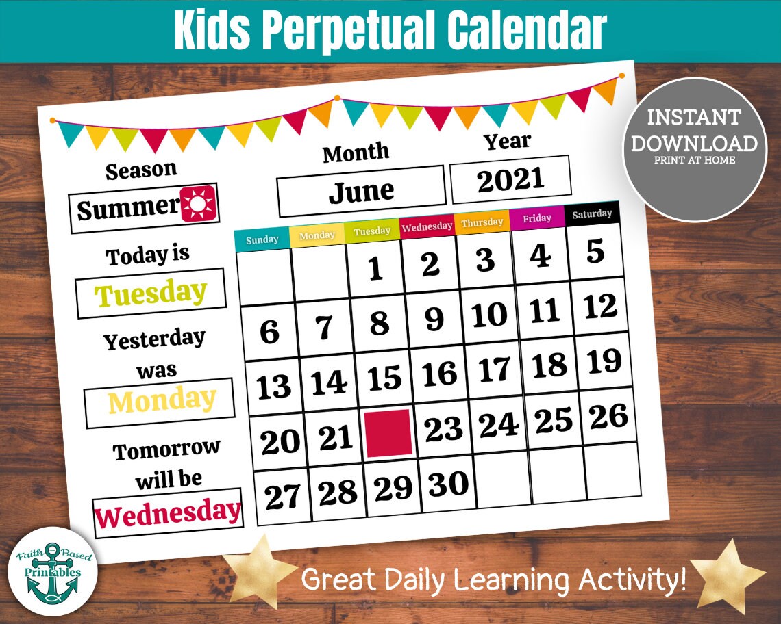 Perpetual Calendar Homeschool Printable 2021 Calendar for Kids - Etsy