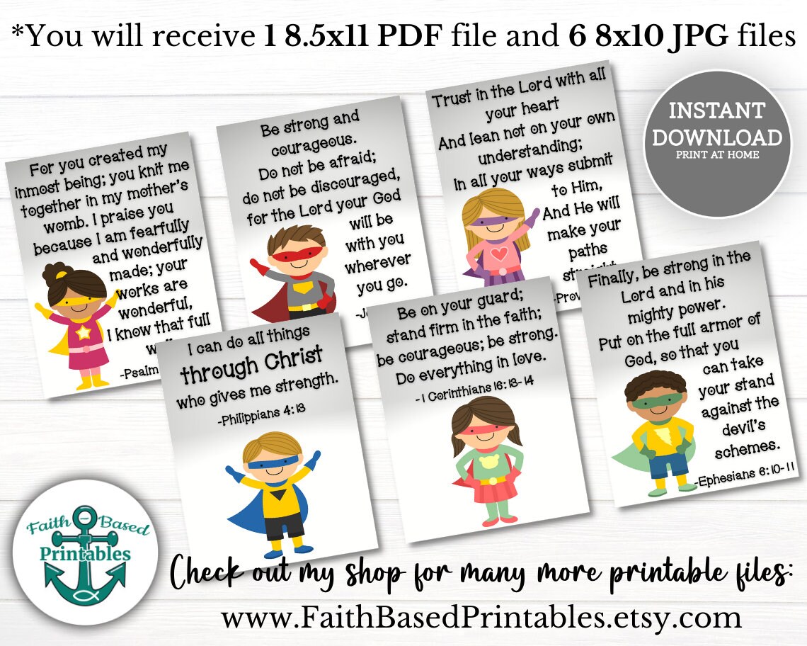 Superhero Kids Scripture Bundle Printable Proverbs 3 Joshua 1:9 Psalm ...