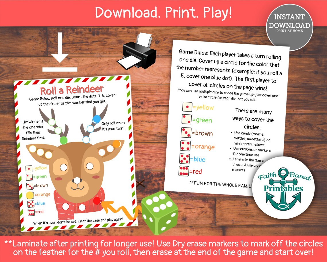 Roll a Reindeer Game, Preschool Games, Printable Dice Game, Roll a ...