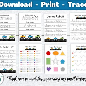 Custom Name Tracing Bundle Handwriting Practice Sheet Monster Truck ...