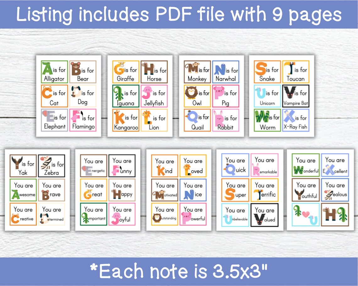 Lunch Box Notes for Kids Printable Lunchbox Note ABC Animal - Etsy