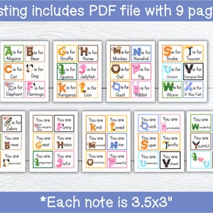 Lunch Box Notes for Kids Printable Lunchbox Note ABC Animal Words ...