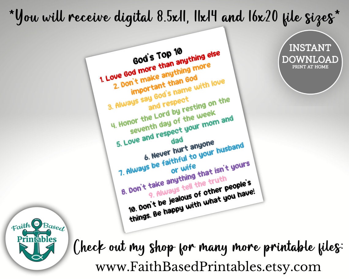 God's Top 10 Ten Commandments Printable Sign for Kids Christian Wall ...
