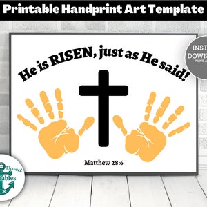 He is Risen Easter Handprint Craft Matthew 28:6 Art Cross Christian ...