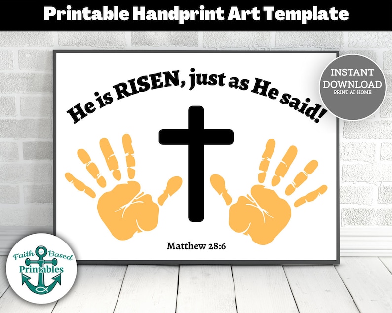 He is Risen Easter Handprint Craft Matthew 28:6 Art Cross Christian ...