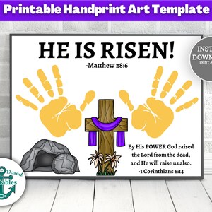 He is Risen Craft Matthew 28:6 Easter Handprint Art Cross Christian ...