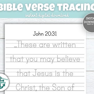 John 20:31 Scripture Tracing Sheet Bible Memory Verse Memorization ...