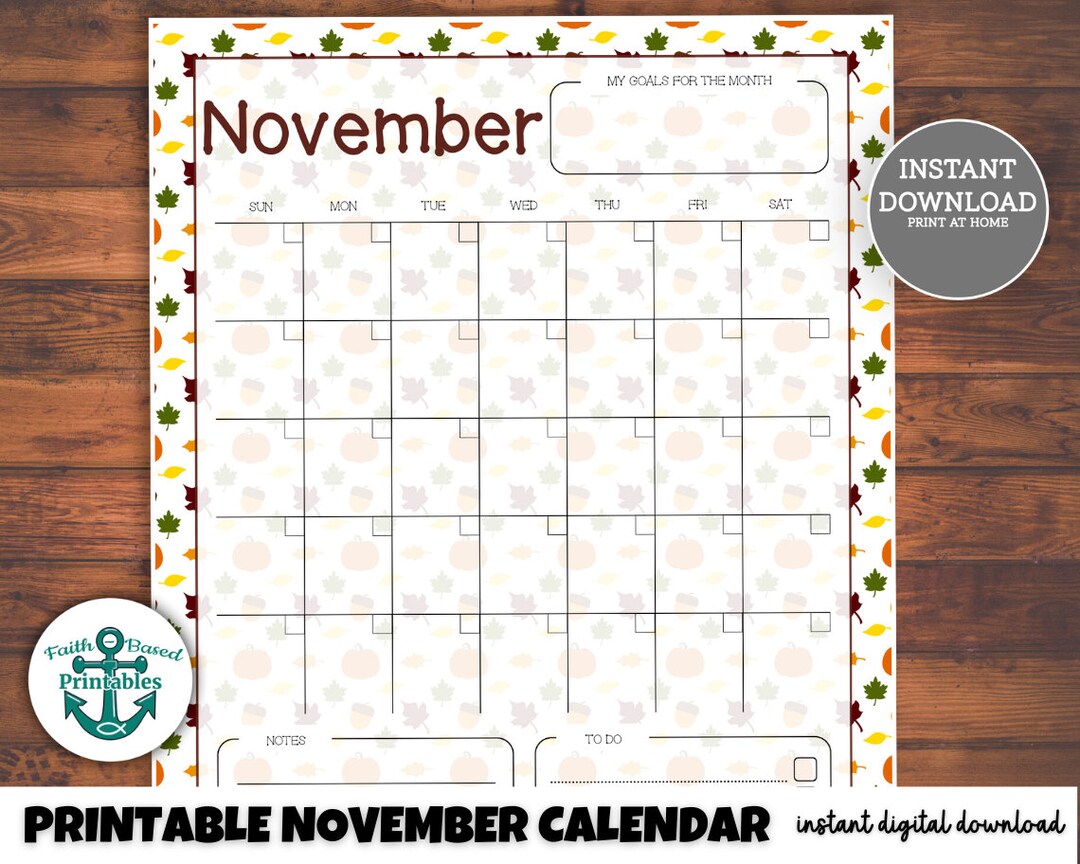 Printable November Calendar Leaf Acorn Pumpkin Pattern Cute Design ...