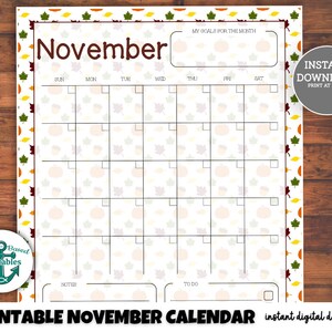 Printable November Calendar Leaf Acorn Pumpkin Pattern Cute Design ...