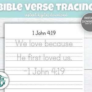 1 John 4:19 Scripture Tracing Sheet Bible Memory Verse Memorization ...